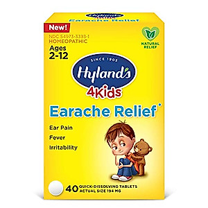 Swimmers Ear Relief Tablets for Kids by Hyland's, Fast Natural Homeopathic Pain Relief of Cold & Flu Earaches, Swimmers Ear, and Allergies, 40 Tablets