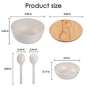 ECOWAY Large Salad Serving Bowl Set with Bamboo Lid & Servers, 9.84 Inch, Bamboo Fiber Salad Bowl with 4 Small Serving Bowls and Utensils for Mixing & Storage Salad, Vegetables, Pasta, Fruit (White)