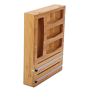 lesolar Foil and Plastic Wrap Organizer,Plastic Wrap Dispenser with Cutter and Ziplock Bag organizer,kitchen drawer organizer,Wall Mounted 6 in 1 Bamboo Ziplock Bag Storage Organizer for Gallon, Quart, Sandwich,Snack,Cling Film,Wax and Aluminum Foil