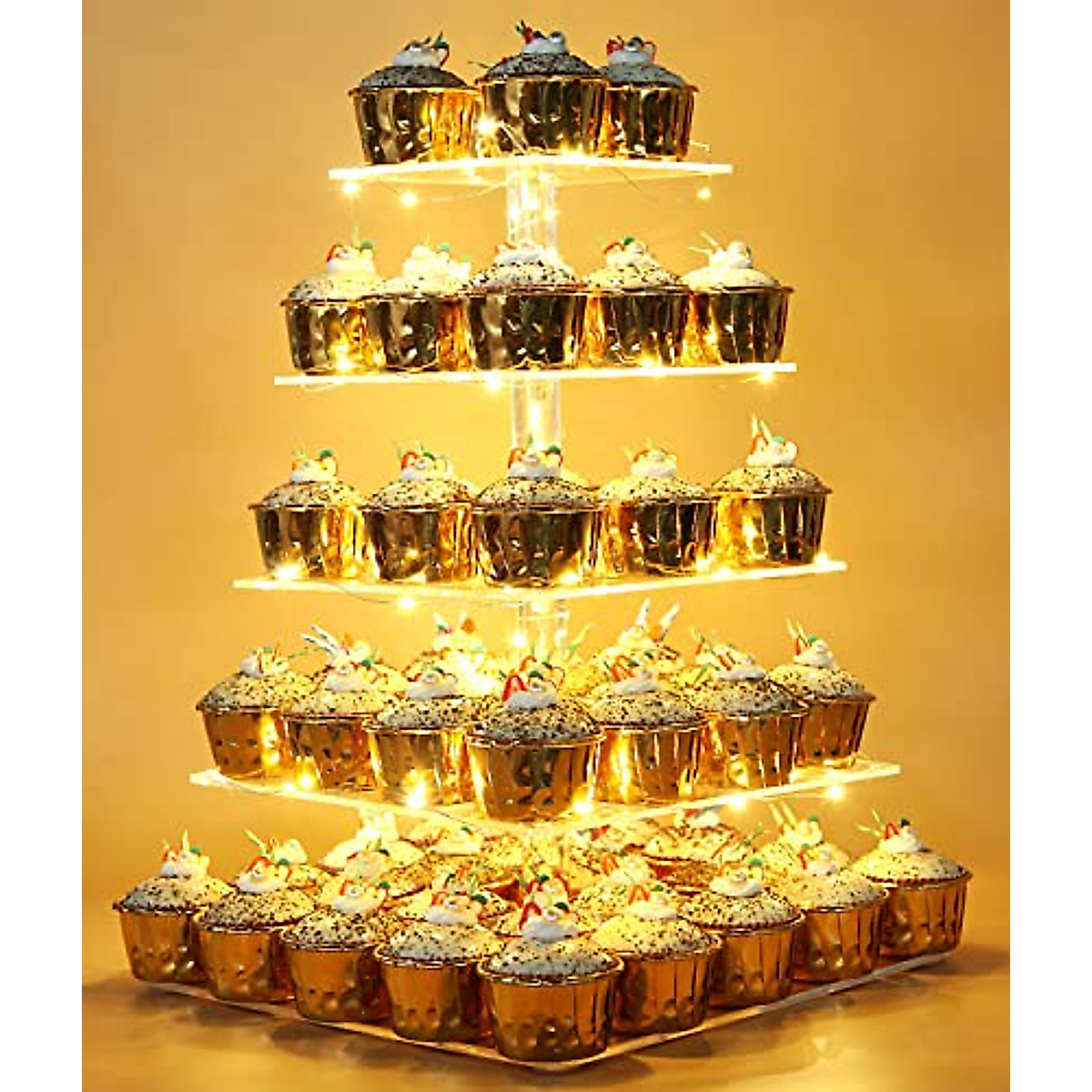 Vdomus 5-Tier Acrylic Cup Cake Stand Display Tower with LED String Lights, Dessert Tree Tower Display Tiered Cupcake Stand Holder Platter for Birthday Wedding Party Celebration, Warm