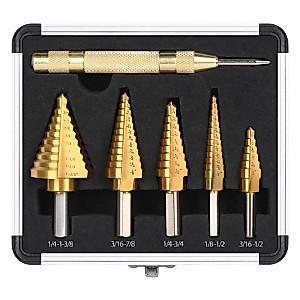HYCLAT 5PCS Step Drill Bit Set & 1PC Automatic Center Punch | Titanium High-Speed Steel (HSS) Stepper Cone Drill Bit | Covering 50 Sizes(1/8''-1 3/8''), 135 Degree Point, with Aluminum Case