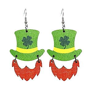 St. Patrick's Day Earrings Wooden Irish Shamrock Cute Cat Dog Dangle Earrings Green Lucky Clover Wood Earrings-Beard