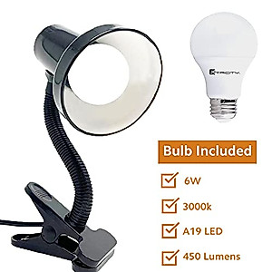 Xtricity Clip on Light with Clamp Base and Adjustable Gooseneck Desk lamp, Clip lamp for Bed 6W A19 LED Bulb Included, 120 Volt, Convenient On/Off Switch, 10.25 Inches Tall (26cm), Black Finish