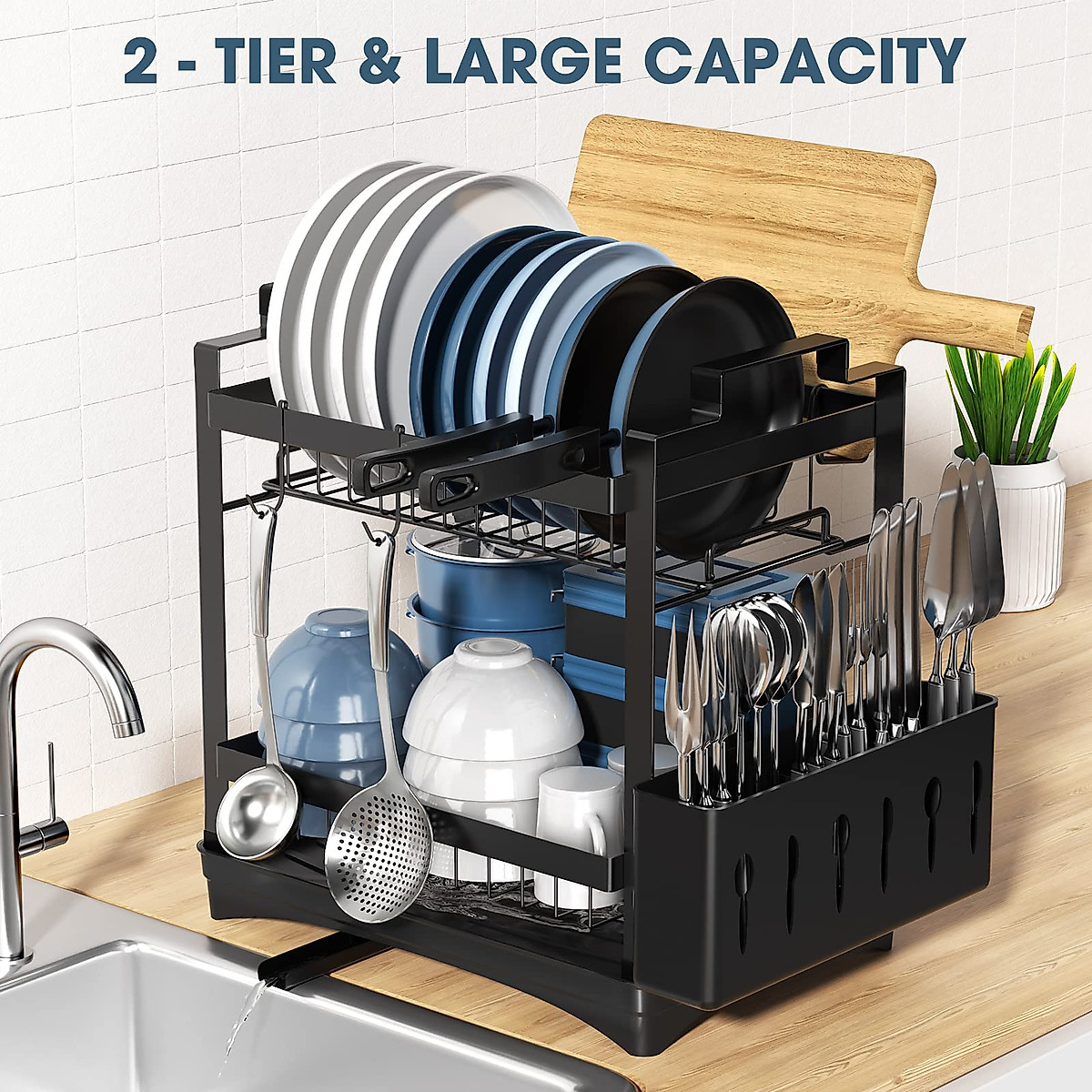 Squish Dish Drying Rack, 2-Tier Rustproof Dish Rack with Drainboard, Large Dish Drainer for Kitchen Counter with Utensil Holder, Cutlery Holder, Cup Holder, Cutting Board Holder