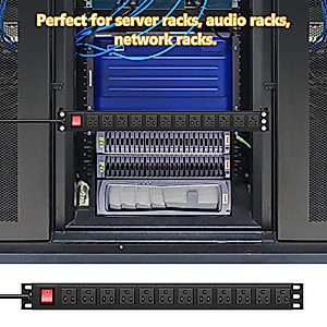 12 Outlet Metal Power Strip, 19inch Rack Mount Heavy Duty Power Strip for Network Cabinet Garage Workbench, 6ft SJT 16AWG Power Cord, Black