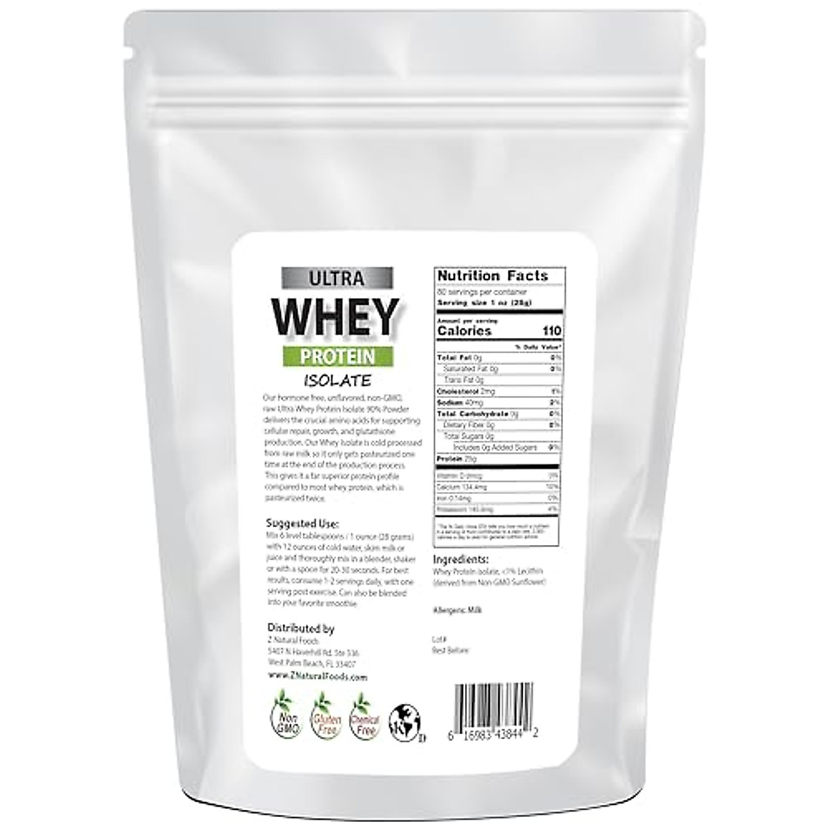 Z Natural Foods Whey Protein Powder Isolate, Unsweetened Protein Powder Enriched with Vital Proteins for Weight Loss, 100% Pure, Gluten Free, Non-GMO, Kosher, 5 lb
