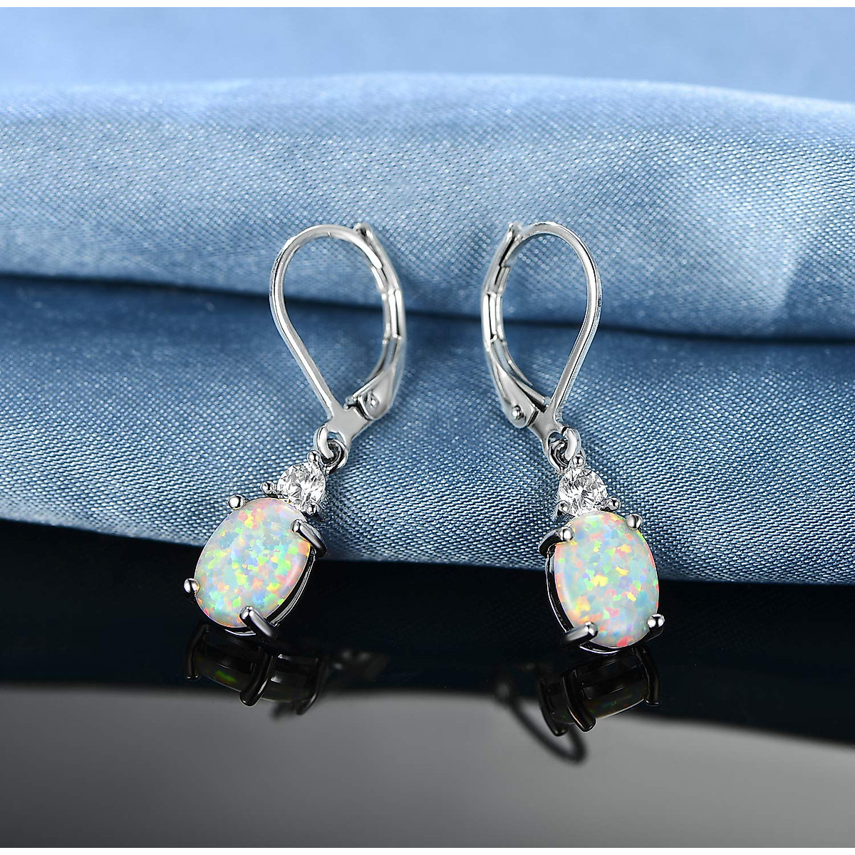 18K White Gold Plated Created Opal and Cubic Zirconia Dangle Earrings for Women