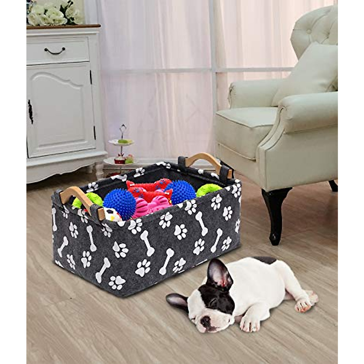 Geyecete dog toy box bin storage basket bins - with Wooden Handle, Printing felt Pet supplies storage Toy Chest Storage Trunk-Gray