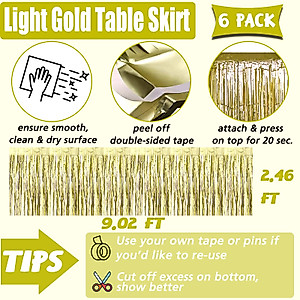 6 Pack 29x108 Inch Light Gold Metallic Foil Fringe Table Skirts Banner for Tinsel Streamer Garland Curtains Backdrop for Parade Floats Wedding Baby Shower Birthday Christmas Halloween Party Decoration