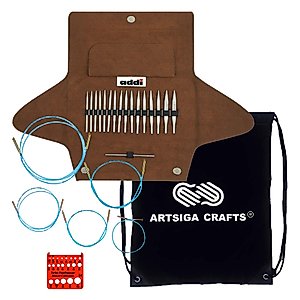 addi Click Rocket Lace Short 3.5-Inch Interchangeable Circular Knitting Needle Set Sizes US 4, 5, 6, 7, 8, 9, 10 and 11 with 5 Blue Cords, Brown Canvas Case with Project Bag