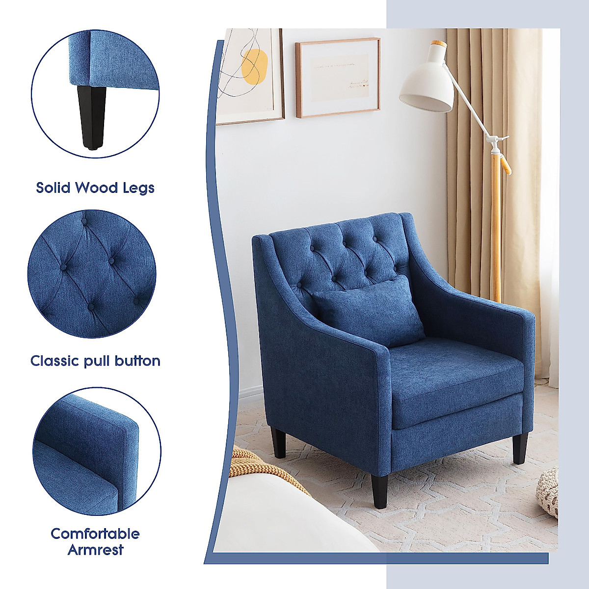 HUIMO Upholstered Living Room Chairs, Accent Chairs with Solid Wood,Reading Chair for Bedroom,Tufted Armchair with Lumbar Pillow,Mid Century Sofa Chair,Comfy Club Chair (Navy Blue)
