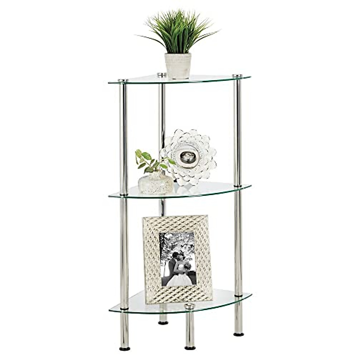 mDesign Bathroom Floor Storage Corner Tower, 3 Tier Open Glass Shelves - Compact Shelving Display Unit - Multi-Use Home Organizer for Bath, Office, Bedroom, Living Room - Clear/Chrome Metal