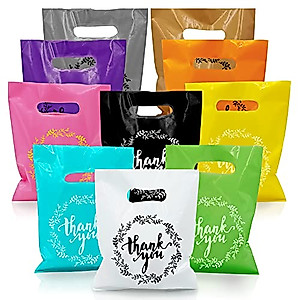 TOSPARTY 100 PCS 10 Colors Small Plastic Handle Bag Party Gift Bags Party Favor Bags Candy Cookie Bags for Birthday Party Baby Shower Wedding Gift Shop Retail Bag