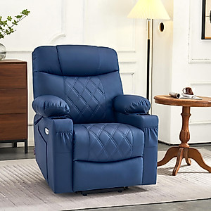 MCombo Small Size Electric Power Lift Recliner Chair Sofa with Massage and Dual Heating, Adjustable Headrest for Elderly People Petite, USB Ports, Faux Leather 7111 (Blue)