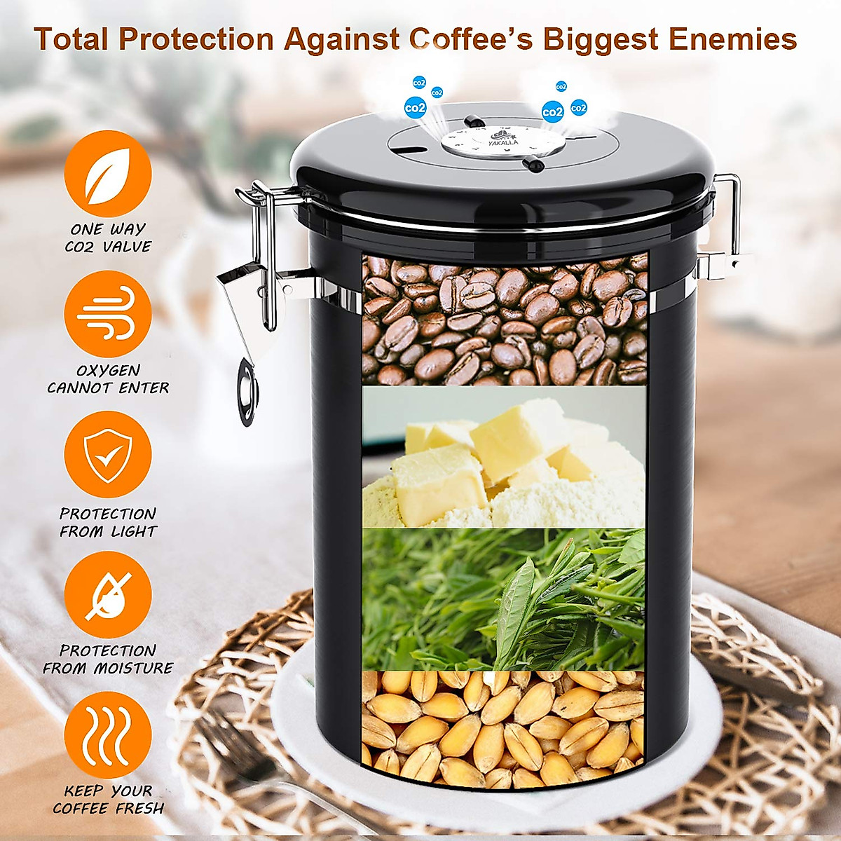 Airtight Coffee Canister, Large Stainless Steel Coffee Bean Storage Container for Kitchen with Date Tracker, Measuring Scoop, One Way Co2 Valve (Extra 6pcs) for Beans, Grounds Tea, Sugar (16OZ, Black)