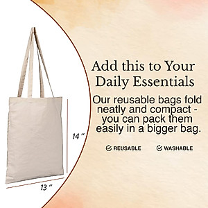 JUCOS Reusable Blank Tote Bags - 5 Pack Convenient Spacious 100% Cotton Grocery Bag With LONG Handles For Daily Essentials | 5Oz Lightweight And Eco-Friendly For Multi-Purpose Use 13X14 Inch