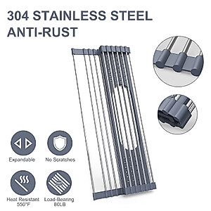 LEMIKKLE Roll Up Dish Drying Rack 17.5" x 15.2" Over The Sink Dish Drying Rack,Multi-Purpose Kitchen Rolling Dish Drainer Foldable SUS304 Stainless Steel Dish Drying Rack