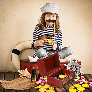 Yookeer 88 Pcs Pirate Treasure Chest for Kids Antique Color Big Treasure Chest Pirate Box Treasure Hunt Pirate Map Gold Coins Necklaces Gems for Pirate Themed Party Favors(Map Style)