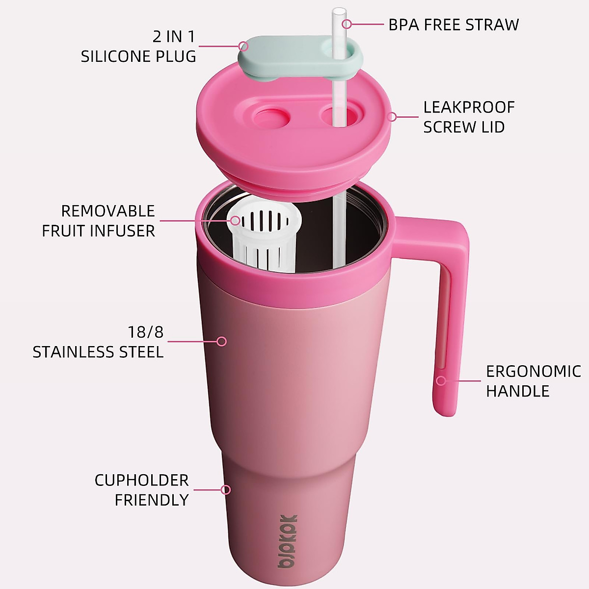 BJPKPK Insulated Tumblers With Handle And Straw 40oz Stainless Steel Travel Coffee Mug Tumbler Cups With Lid And Fruit Infuser,Light Pink