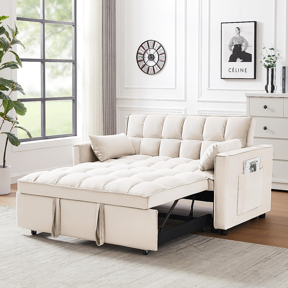 Merax 55.11" Modern 3 in 1 Velvet Convertible Sleeper Sofa Bed,Small Love Seat Lounge Sofa w/Reclining Backrest,Toss Pillows,Pockets,Loveseat Futon Sofa Couch Pullout Bed for Living Room,Beige