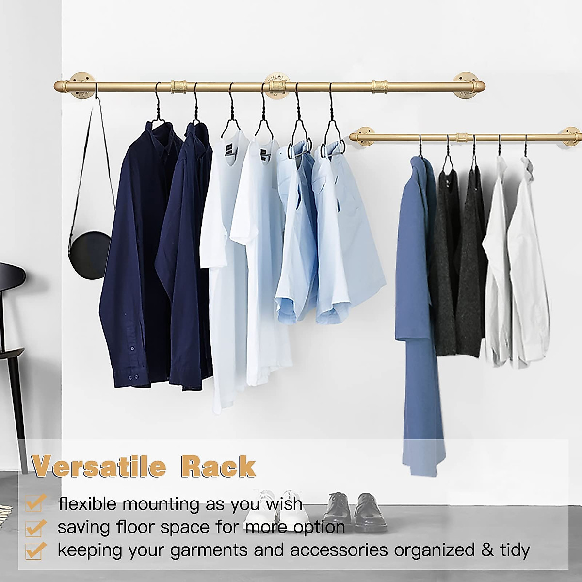 Varsoul Wall Industrial Pipe Clothes Racks, DIY Floating Hanger Rustic Home Pipe Decor, Mounted Closet Storage Organizer Holder Systems, Heavy Duty Garment Rod Pole For Cloakrooms Bathroom Black Iron