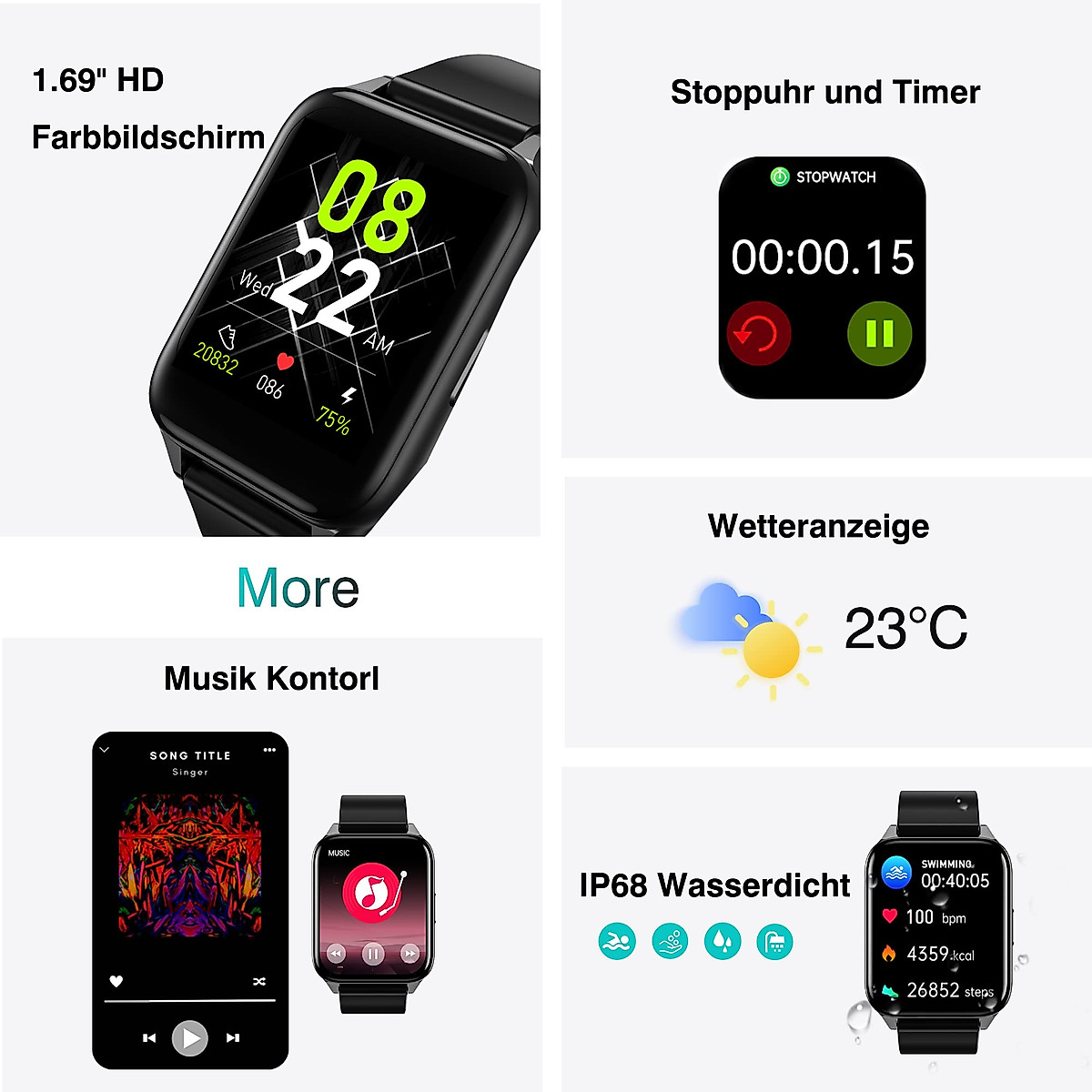 TRANYA Smart Watch, 1.69‘’ Full Touch Color Screen, 7-10 Days Battery Life, Android and iOS Compatible, IP68 Waterproof, Fitness Tracker, Heart Rate Monitor, TranyaGo Sports Watch