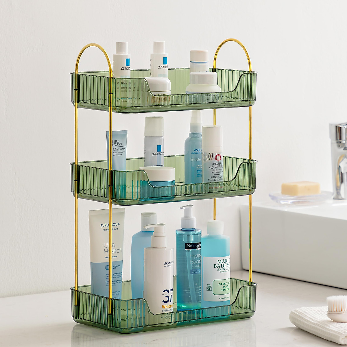 HBlife 3 Tier Bathroom Organizer Countertop, Makeup Organizer Perfume Tray Skincare Organizer for Bathroom, Dresser, Vanity, Green