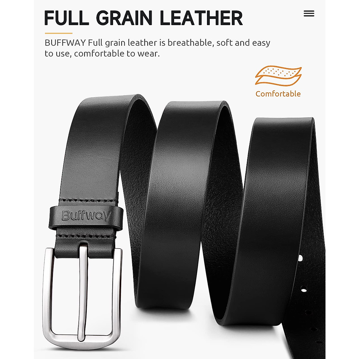 Buffway Mens Belt Full Grain Genuine Leather Belts for Men Casual Jeans or Dress with Gift Box 1 3/8”Wide Size 38” - Black