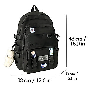 ASNAT Cute Backpack with Kawaii Pin and Accessories Back to School Bag Large Capacity (Black)