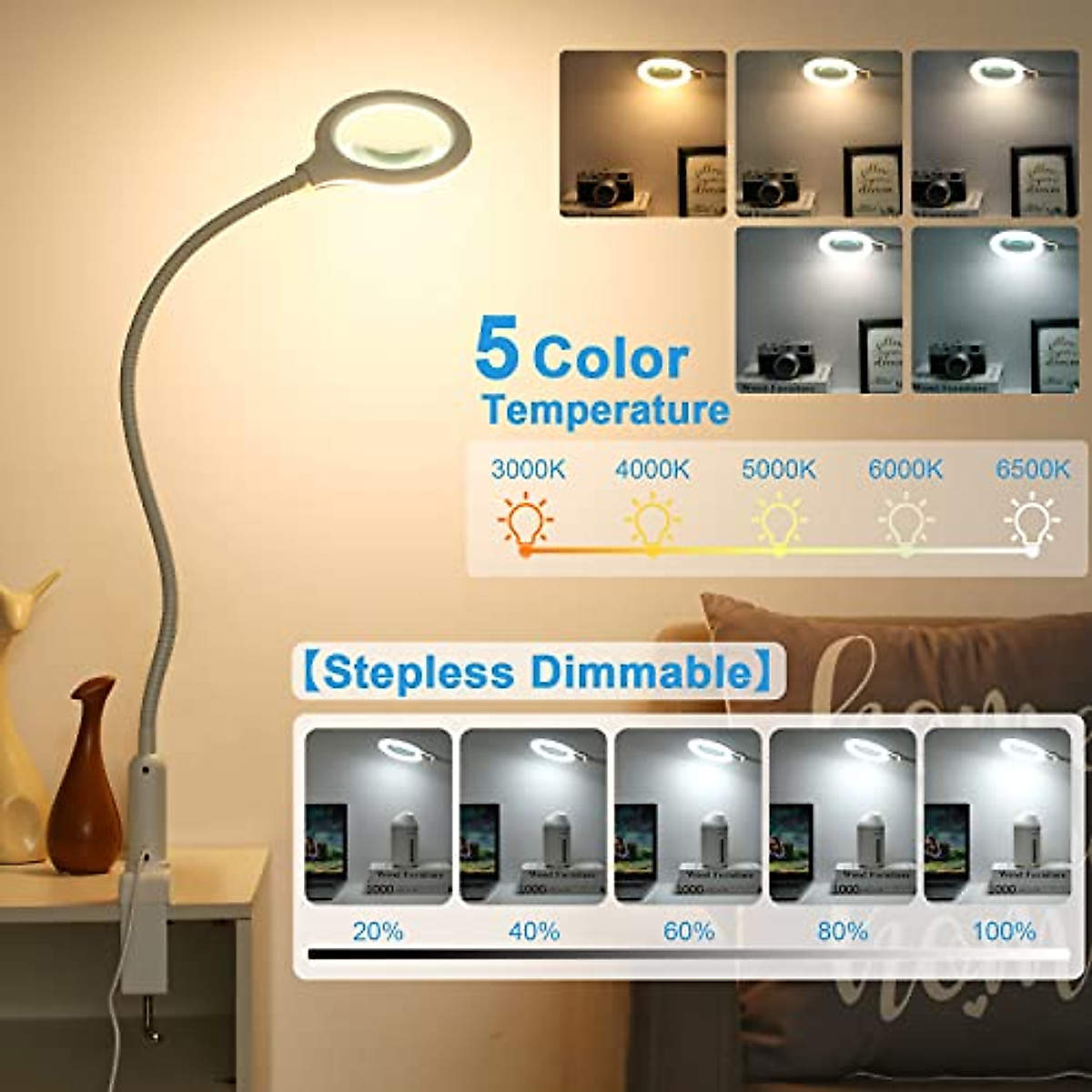 TOMSOO 26" Gooseneck Magnifying Lamp with Clamp, 5 Color Modes Stepless Dimmable LED Desk Light with Magnifying Glass, 5X Real Glass Lighted Magnifier Hands Free for Painting Close Work Craft Hobby