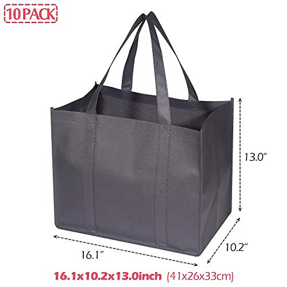10 Pack Reusable Grocery Bags Extra Large Super Strong Heavy Duty Shopping Tote Bags with Reinforced Handles, Grey