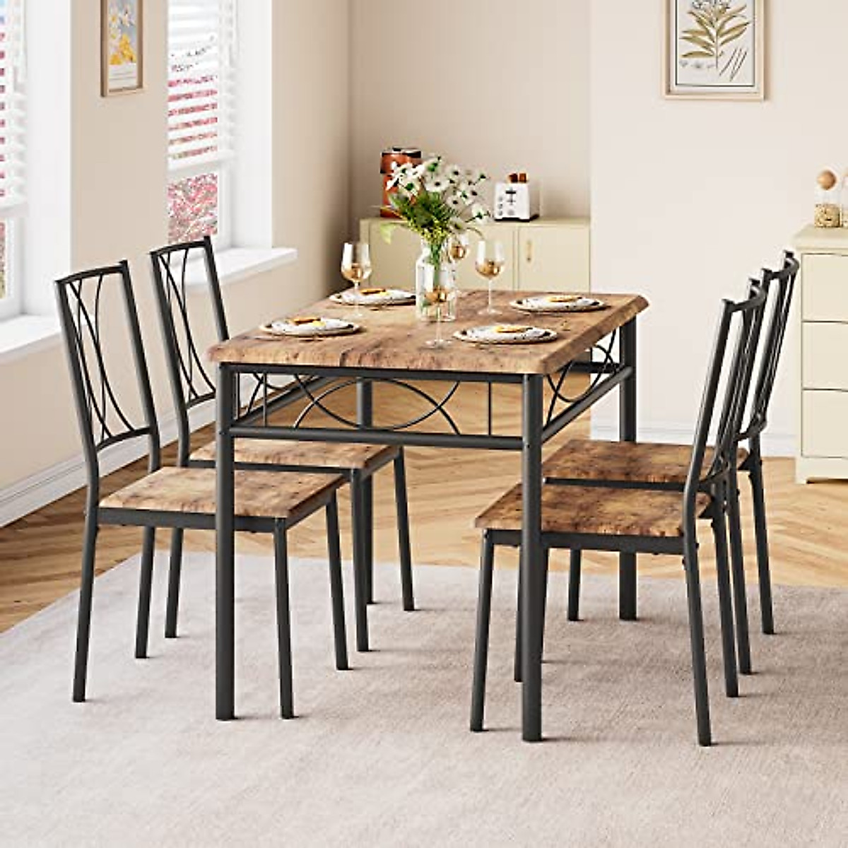 IDEALHOUSE Kitchen Table Set for 4, Dining Table and Chairs, Rectangular Dining Room Table Set with 4 Metal and Wood Chairs, 5 Piece Dining Table Set for Small Space, Apartment, Rustic Brown