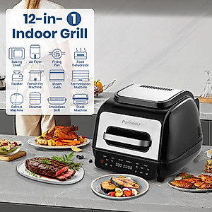 Parmedu Air Fryer Indoor Smokeless Grill: 12-in-1 Electric Air Grill Combo with Bake, Roast, Broil, Steam, Dehydrate, 1800W Power Grill with Smart Thermometer, Non-stick Dishwasher-safe Plates, 6Qt
