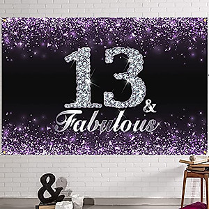 HAMIGAR 6x4ft Happy 13th Birthday Banner Backdrop - 13 & Fabulous Birthday Decorations Party Supplies for Girls - Purple