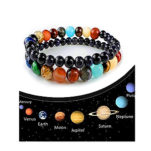 ATIMIGO 2 Pack Solar System Bracelet 7 Chakras Healing Natural Stone Bracelets for Women Men Stress Relief Yoga Beads Elastic Bracelet Bangle