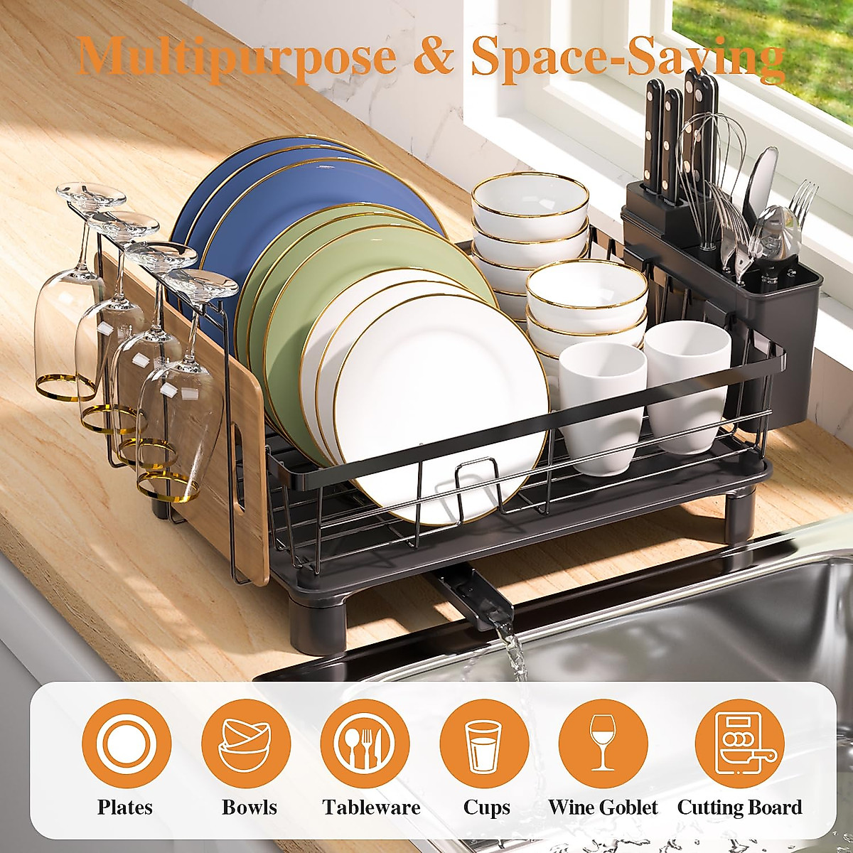 IceFun Dish Drying Rack,Kitchen Dish Rack with Auto-Drain, 3-Slot Cutlery Holder, Wine Goblet Holder,Cutting Board Holder, and 360° Rotating Spout.Dish Racks for Kitchen Counter,12''W x 15''L,Black