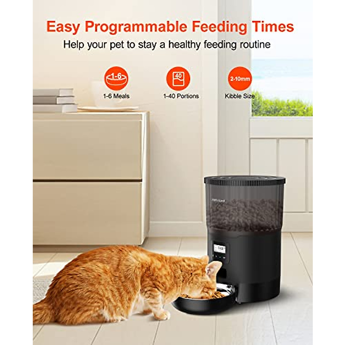 Automatic Cat Feeders with Timer, Cat Feeder Automatic Dog Food Dispenser for Pet Dry Food-Smart Pet Feeder Automatic Large Dog Feeder for Cats and Dogs with Stainless Steel Bowl, 1-6 Meals Per Day