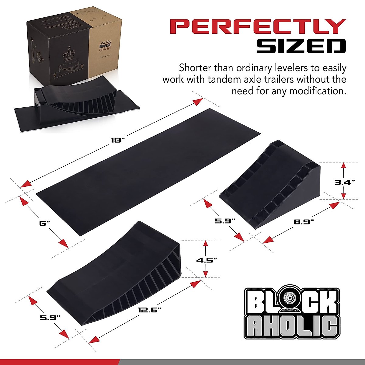EZ RV Leveler - Curved Leveling Ramp with Chocks and Rubber Mat - RV Trailer Camper Leveling Blocks - 2 Pack for Tandem Axle Campers