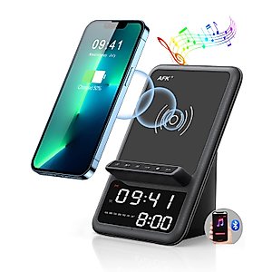 AFK Wireless Charging Station with Bluetooth Speaker and Alarm Clock, 4 in 1 Wireless Charger Compatible with iPhone15 14 13 12 11 Pro Max Series,Samsung Series and Other Android Phones(Black)