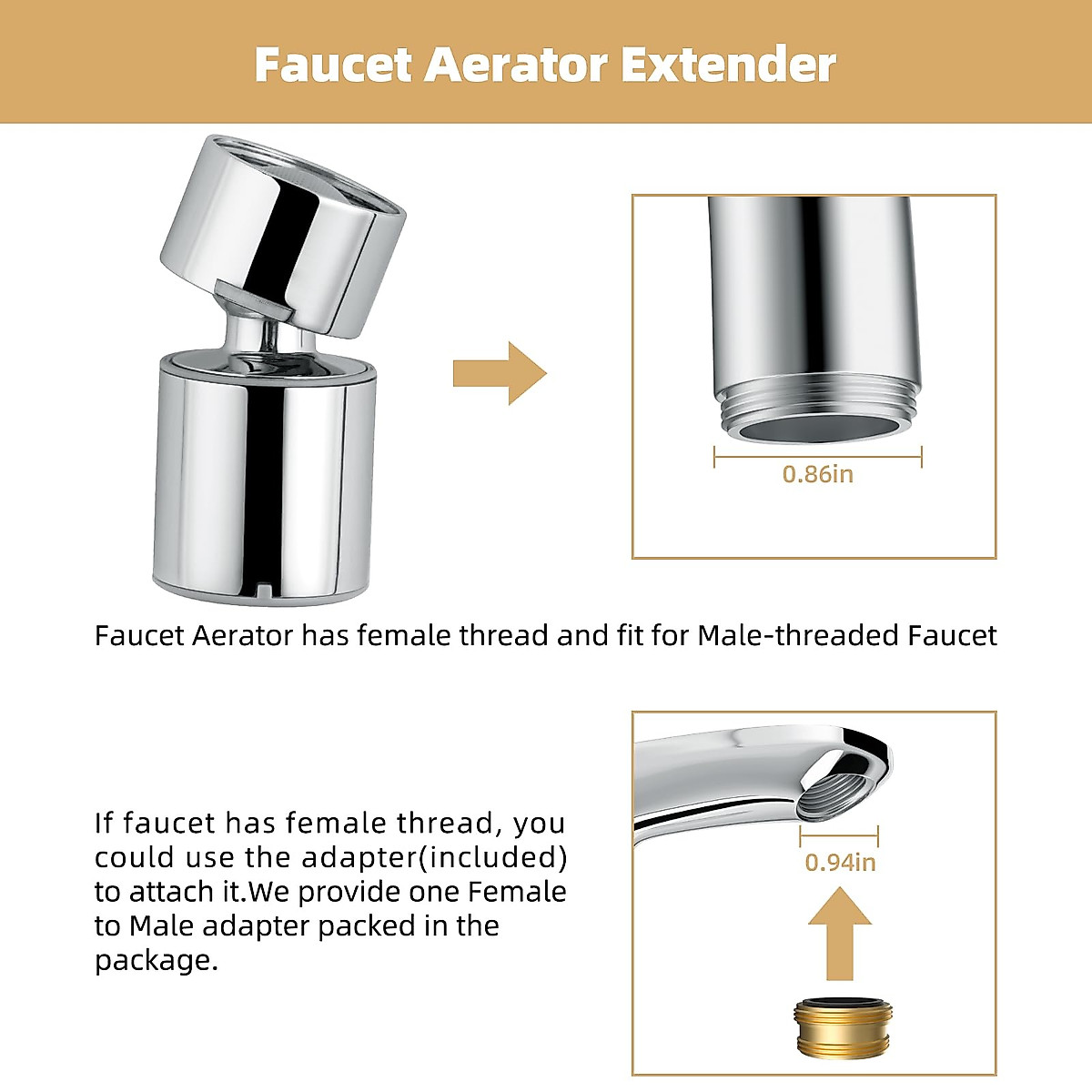 Hibbent NSF/ANSI/CAN 61 Certified Faucet Aerator, CUPC Certification 2-Flow Sink Faucet Aerator, 360° Swivel Kitchen Sink Sprayer Attachment, Faucet Replacement Part 55/64" Female Thread - Chrome