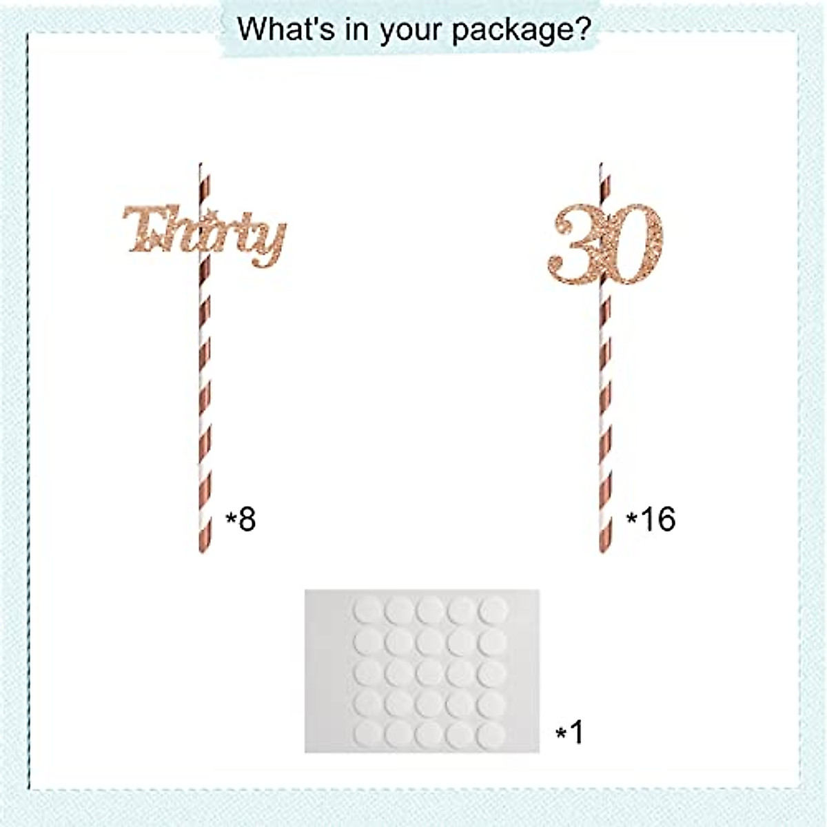 Happy 30th Birthday Straws, Rose Gold Glitter 30 Years Old Paper Straws, 30th Anniversary/Birthday Party Drinking Decorative Straws - 24pcs