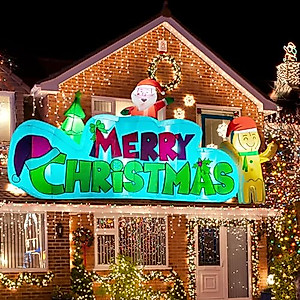 10 FT Christmas Inflatable Decoration - Merry Christmas Banner with Santa Gingerbread Man Tree, Blow Up Outdoor Yard Christmas Inflatables with 8 LED Lights for Party Holiday Lawn Winter Decor(1 Pack)