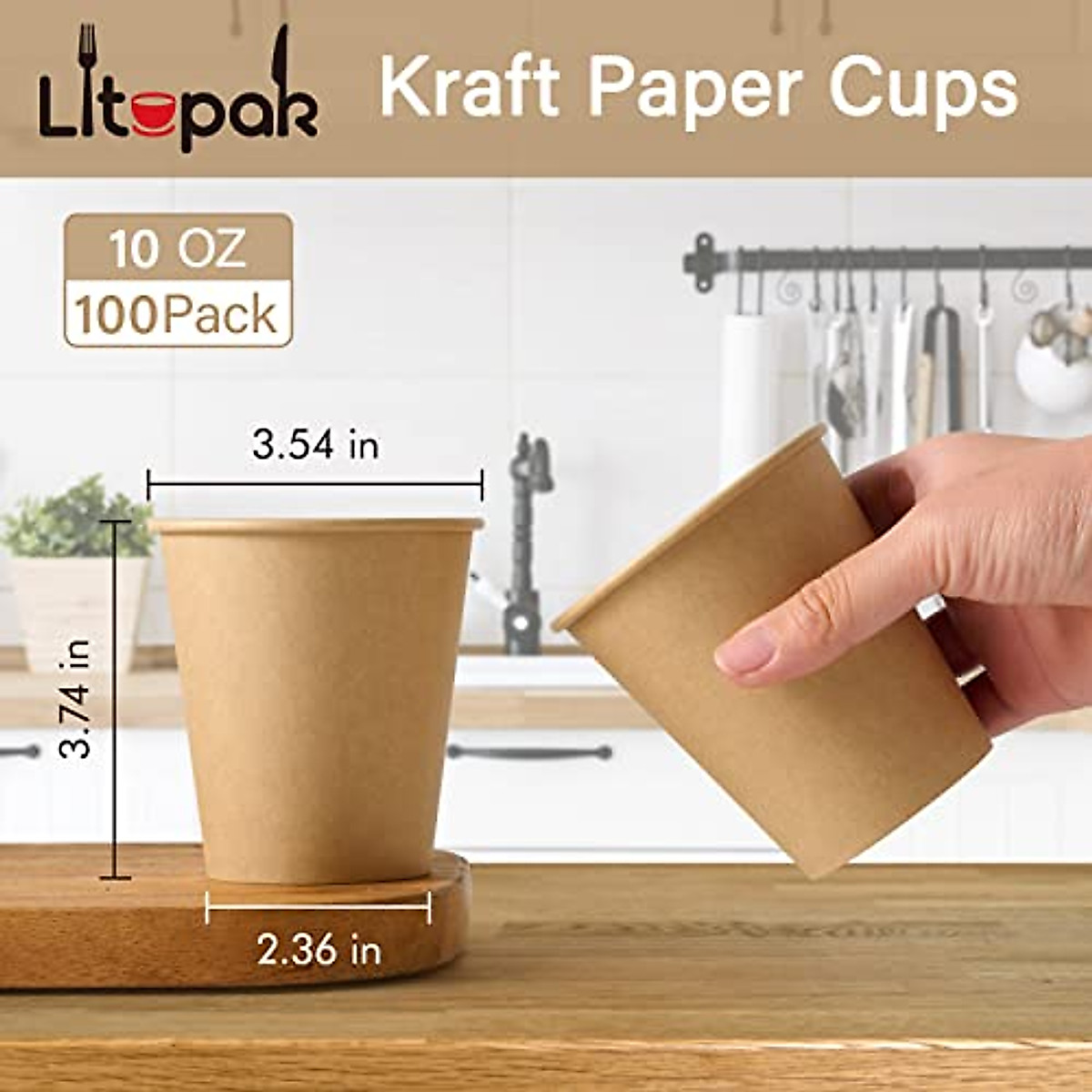 LITOPAK 100 Pack 10oz Kraft Paper Cups, Disposable Coffee Cups, Disposable Drinking Cups, Hot Coffee Cups, Paper Coffee Cups for Water, Coffee, Juice, and Tea.