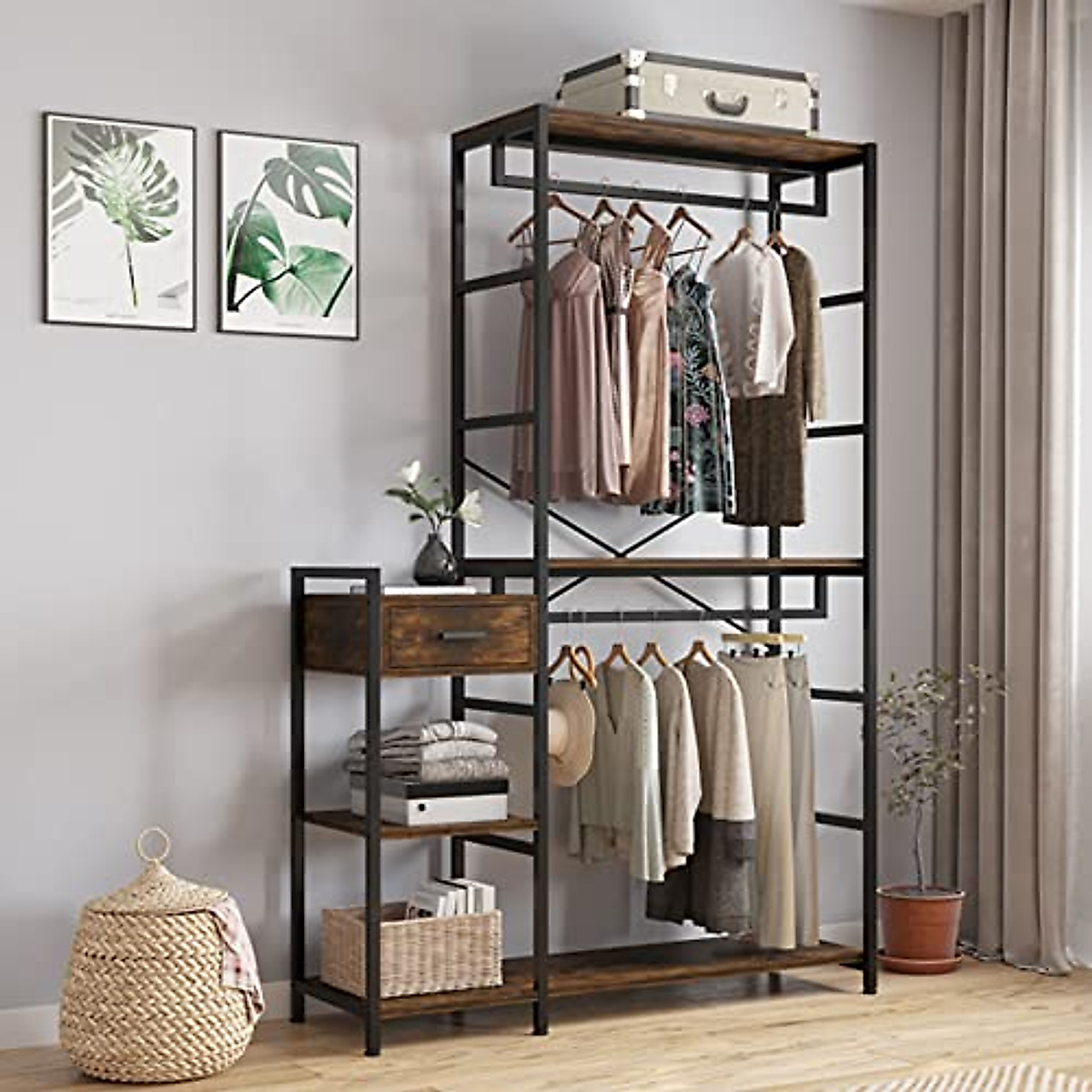 HAGAZU Standing Closet Clothing Rack, Open Wardrobe,Metal Closet Organizer System with Shelves and Hooks for Bedroom, Laundry, Walk-in Closet
