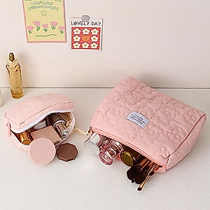 LYDZTION Quilted Soft Floral Makeup Bag - 2 Pieces Cosmetic Bag Large Capacity Makeup Bag Travel Cosmetic Organizer for Women Makeup Organizer Storage Purse Organizer,Pink