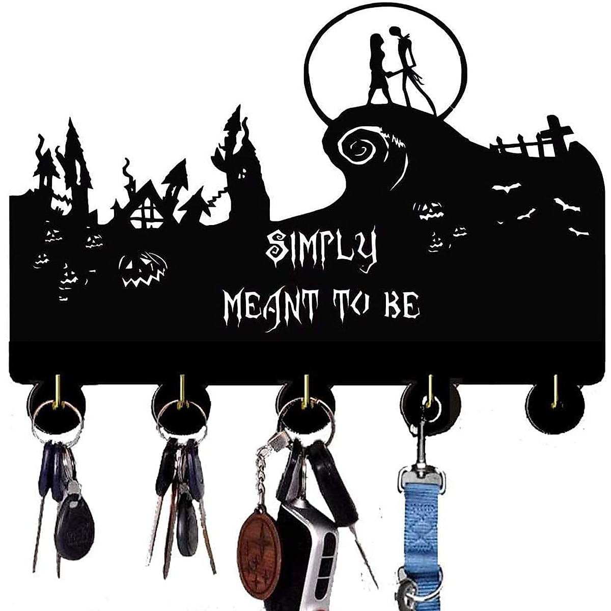 QianZhou-Uk Christmas Halloween Nightmare Decor Key Holder Wall Mounted Hooks for Decorative with 5 Black Metal Organizer Rack Hanger Entryway, Front Door, Hallway, 12X8.2inches (B)