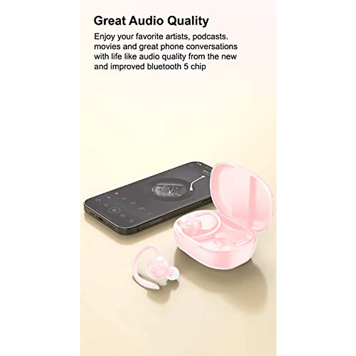 eDealz Fully Wireless Bluetooth 5.0 Rechargeable Active Sports Earbud Headphones w Smart LCD Display 48h USB C Power Charging Case Microphone Surround Stereo Bass and Passive Noise Cancelling (Pink)