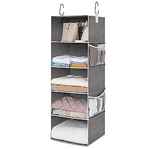 StorageWorks 5-Shelf Jumbo Hanging Storage Closet, Hanging Organizer for Closet Rod, Hanging Cloth Organizer Storage, Canvas, Gray, 13" D x 15" W x 47 ¾" H