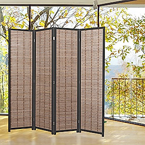 Decorative Openwork Design 4-Panel Bamboo & Black Wood Framed Folding Screen/Freestanding Room Divider - MyGift®