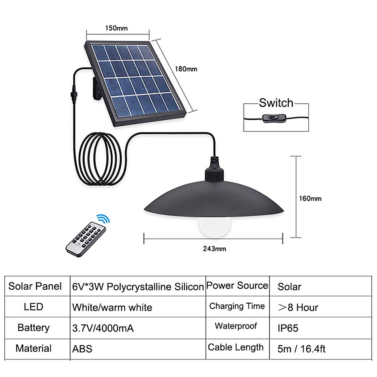 LAFEINA Solar Pendant Lights, Outdoor Solar Lights with Remote Control Dual Color Switchable Brightness & Timing Adjustable Shed Lamp for Barn Yard Patio Porch Garden